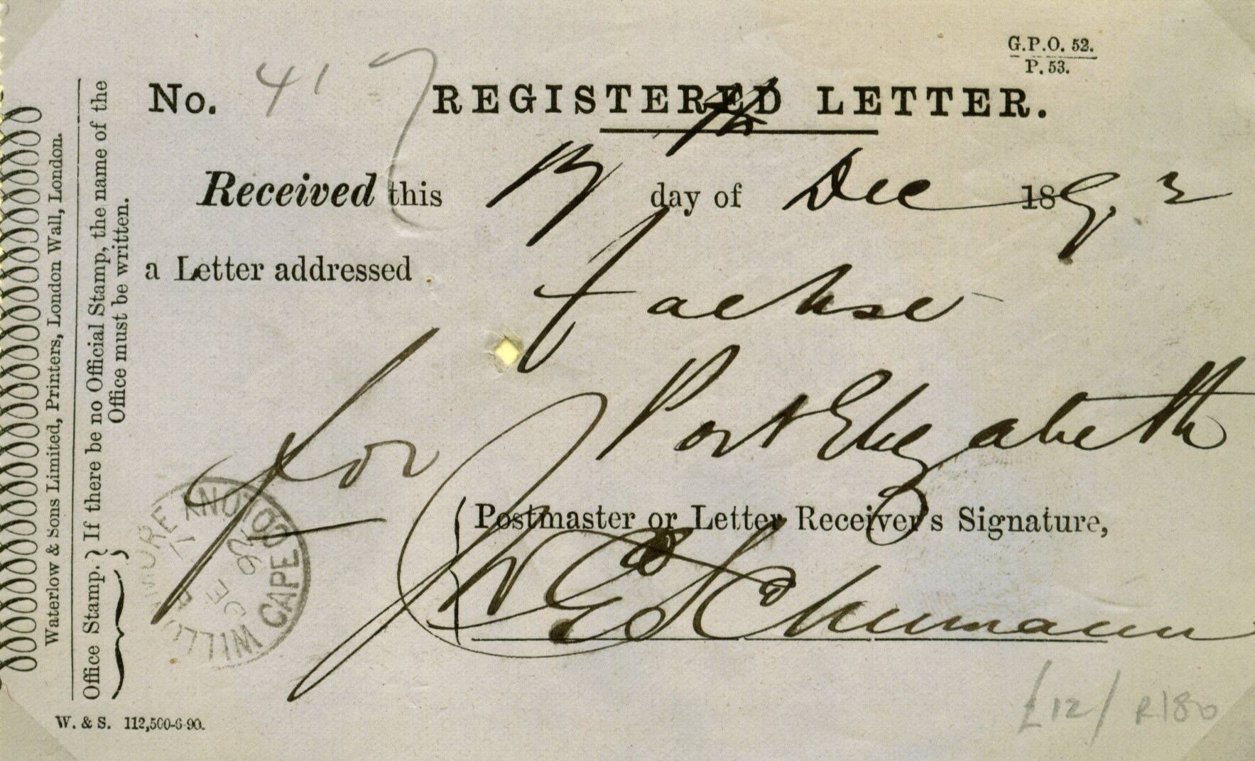 Registered Letters – Cape of Good Hope Stamps and Postal History